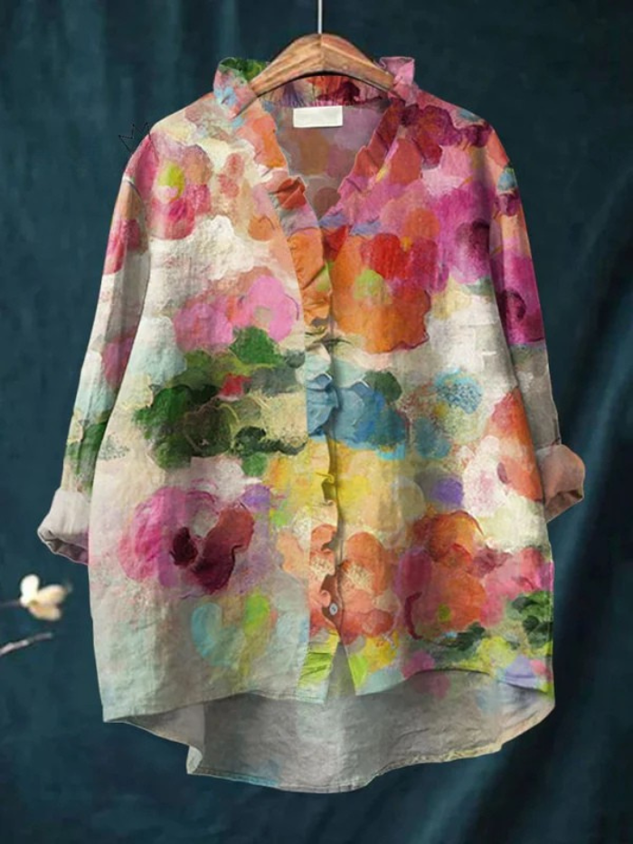 Women's Vintage Flowers Art Print Casual Ruffle Shirt – Annalise Melbourne